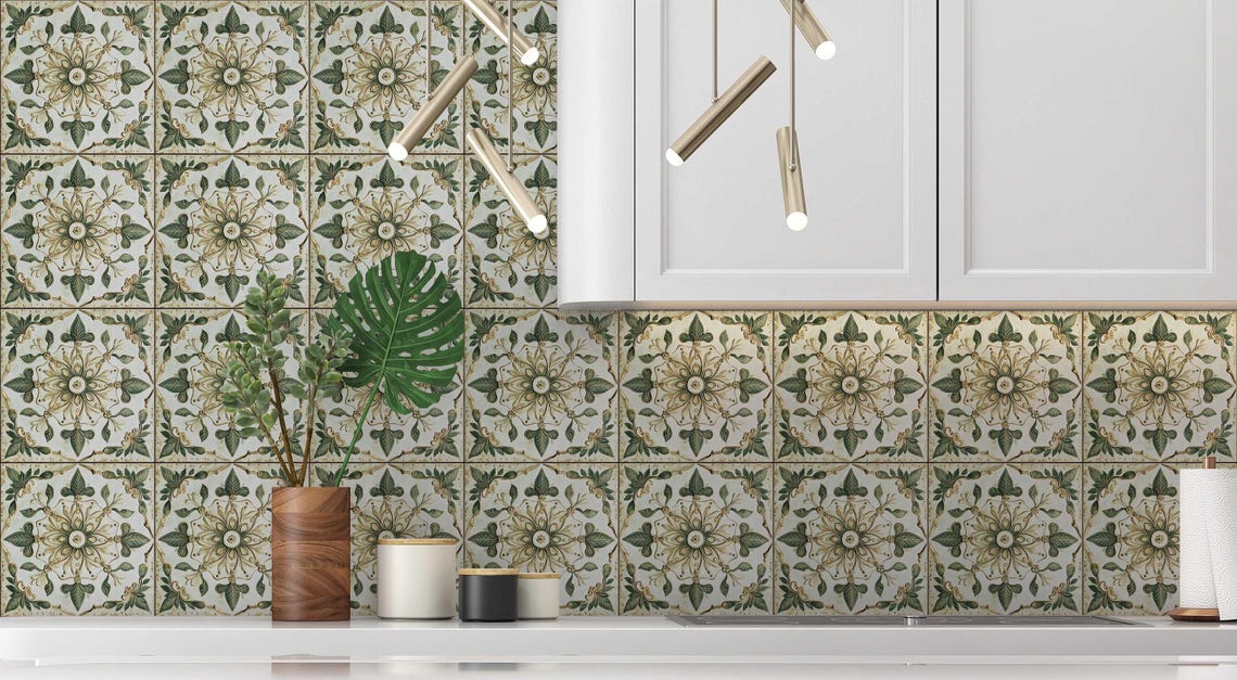 Green Ceramic Tile Vintage Design Tile - Unique Green Kitchen ...
