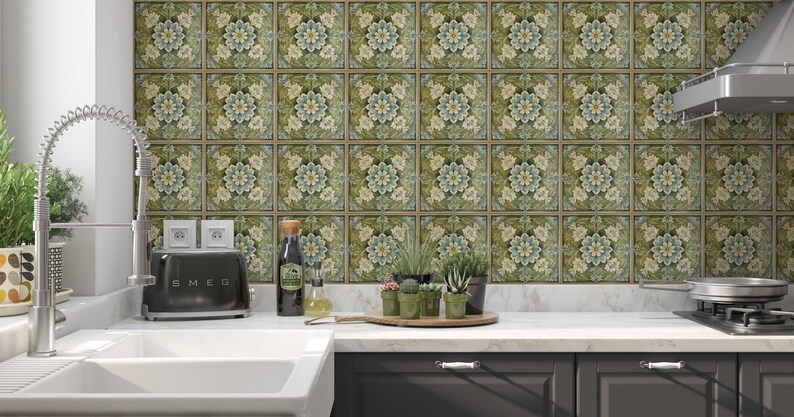Blue and Green Ceramic Tile Antique Floral - Green Blue Tan Kitchen ...
