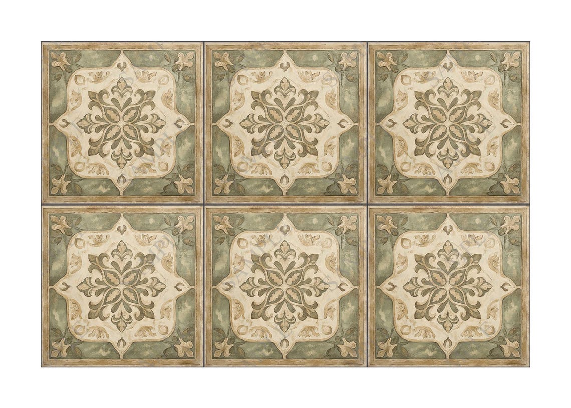 Antique Green Tan Ceramic Tile Patterned Green and Tan Kitchen ...