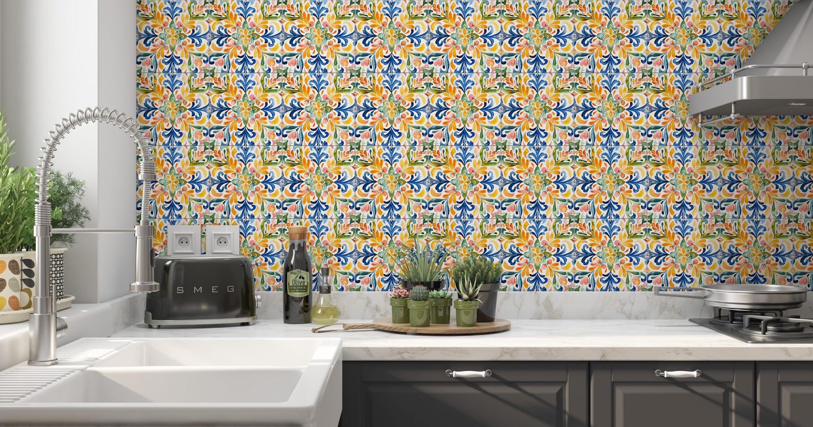 Multi Colored Bright Colors Patterned Ceramic Tile Kitchen Backsplash ...
