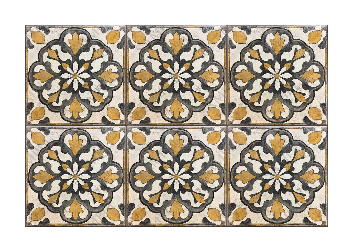 Rustic Black and Mustard Yellow Patterned Ceramic Tiles Vintage ...