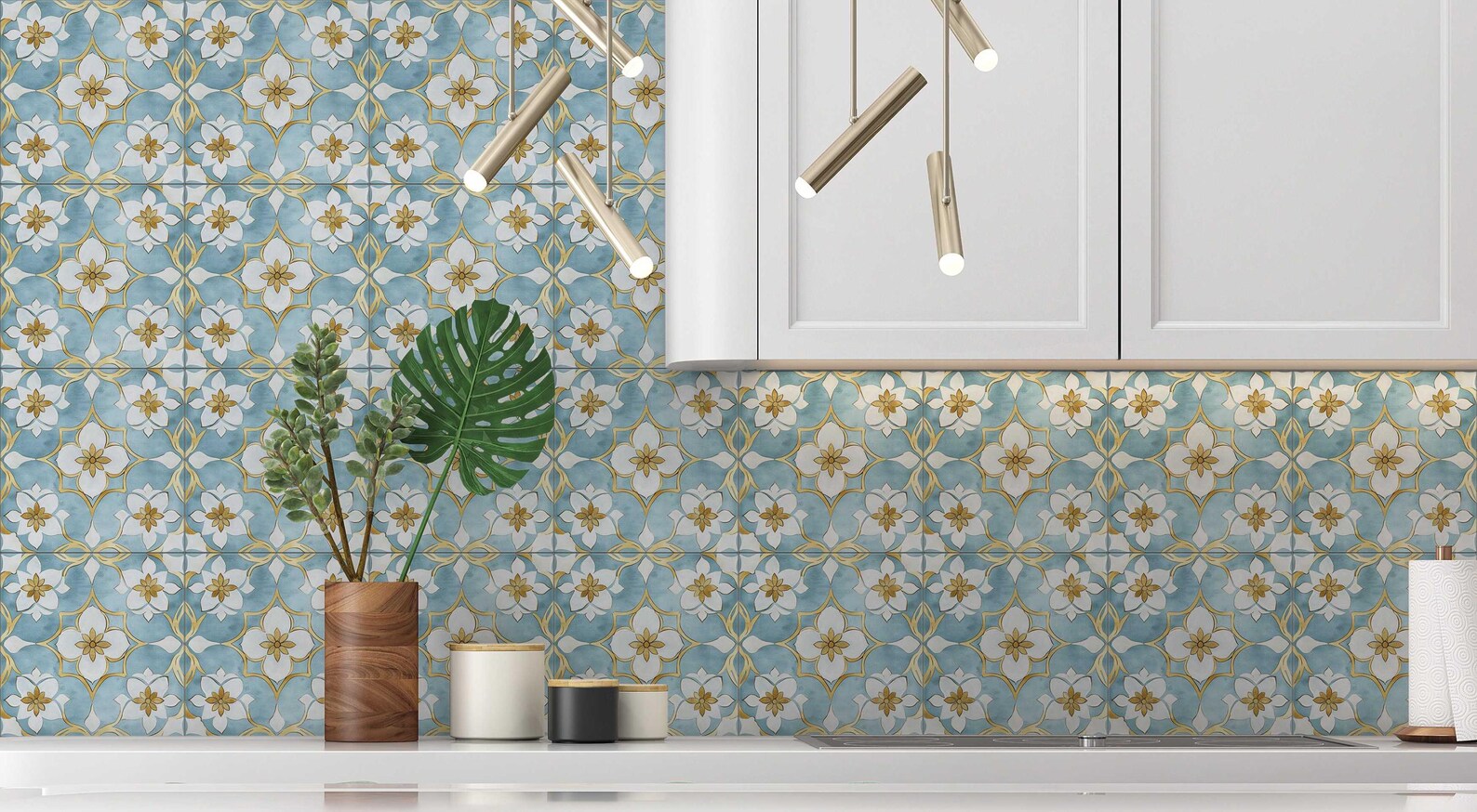 Light Blue and White Patterned Kitchen Backsplash Tile - Patterned ...