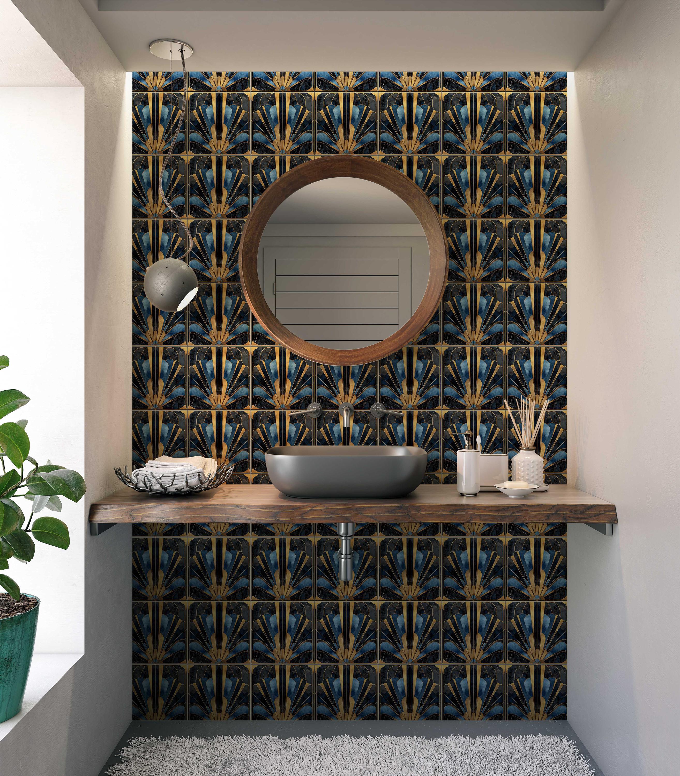 Art Deco Design Ceramic Tile - Black Blue Gold Tones Art Deco Kitchen ...