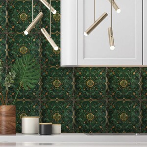 Dark Green Patterned Ceramic Tile - Unique Green Kitchen Backsplash ...