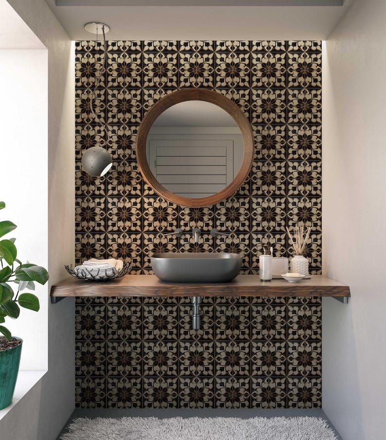 Black Patterned Ceramic Tile - Vintage Design Tile Design - Kitchen ...
