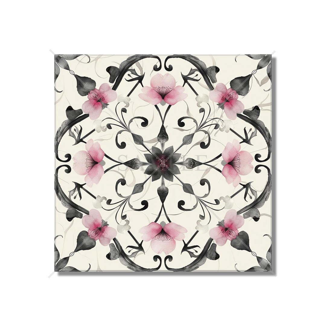 Pink and Black Floral Ceramic Tile - Cottage Kitchen Backsplash Tile ...