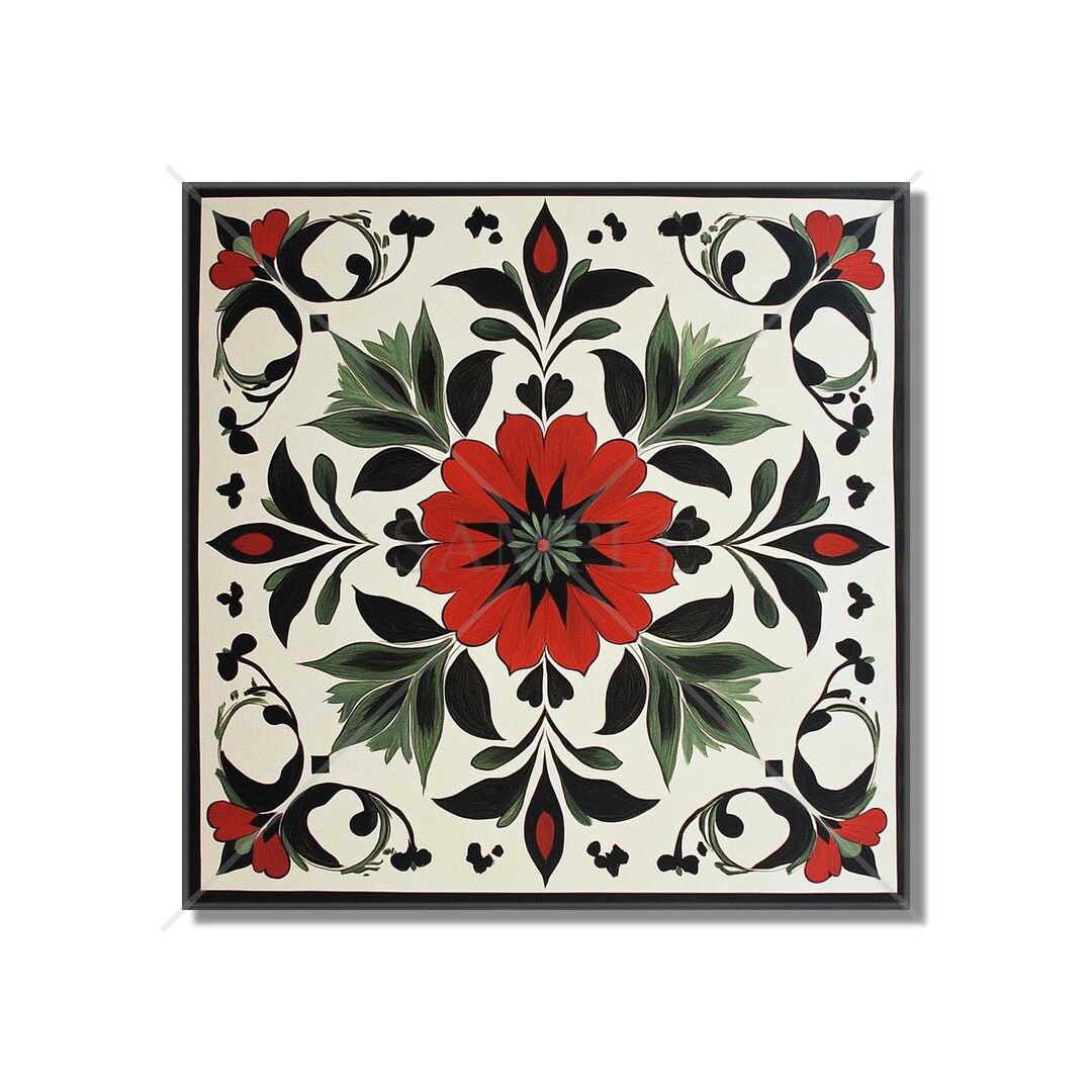Red and Green Ceramic Tile - Vintage French Floral Design Tile ...