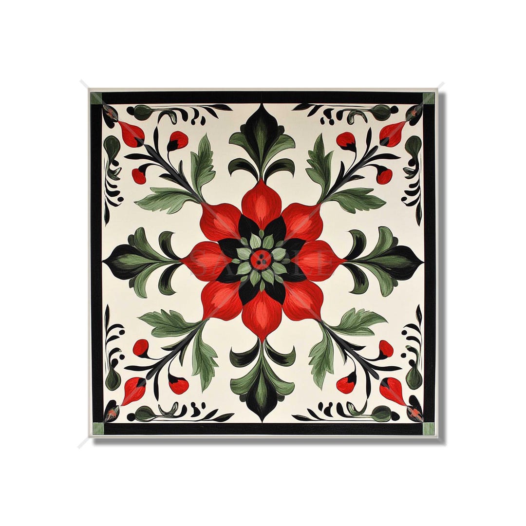 Red and Green Ceramic Tile - Vintage French Floral Design Tile ...
