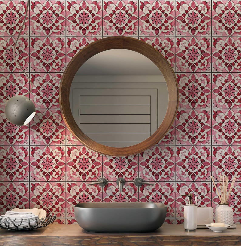 Pink Black Patterned Ceramic Tile - Unique Decorative Pink Kitchen ...