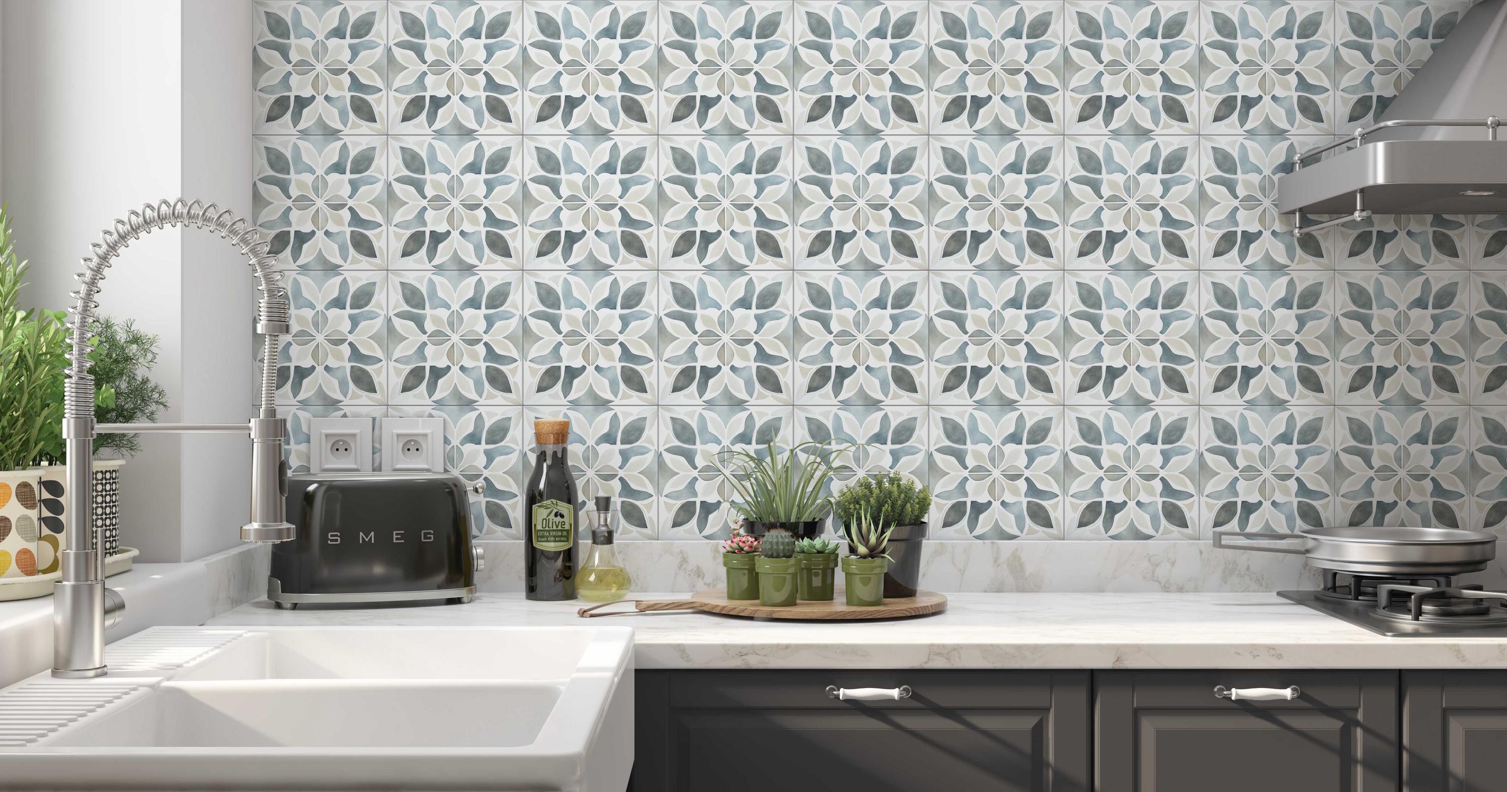 Light Blue Gray Ceramic Tile Patterned Vintage Design Kitchen ...