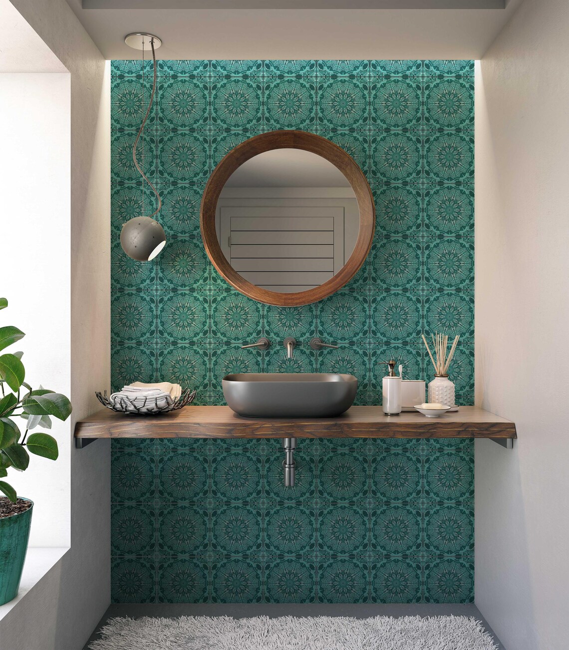 Turquoise Ceramic Wall Tile - Boho Medallion Tile Mandala Tile Teal ...