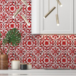 Red White Patterned Ceramic Tile - Unique Red Kitchen Backsplash Tile ...
