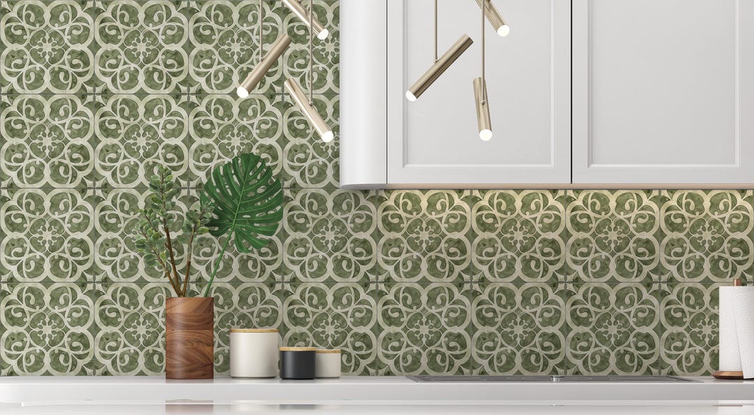 Sage Green Patterned Ceramic Tile - Unique Kitchen Backsplash Tile ...