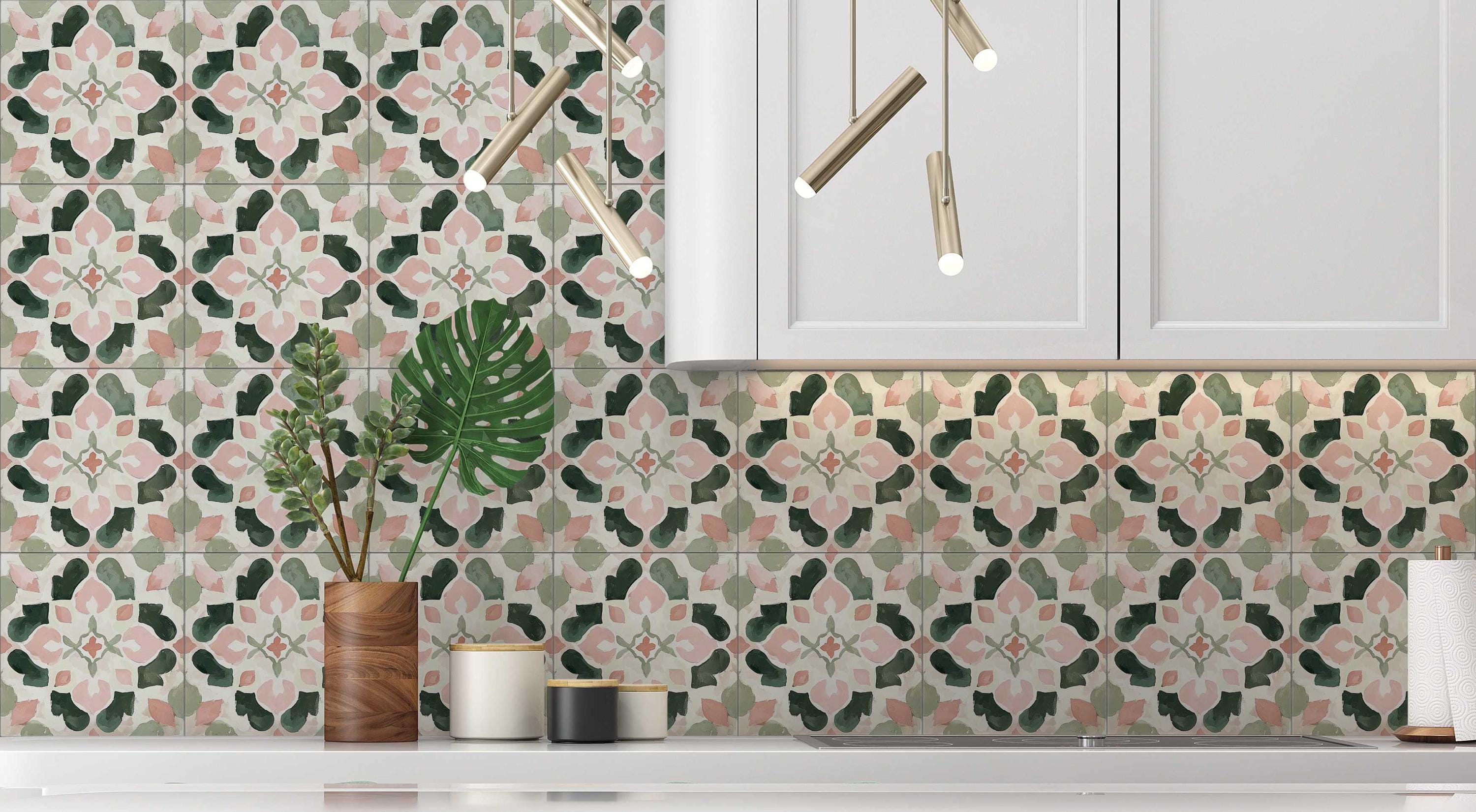 Pink and Green Vintage Design Ceramic Tile - Kitchen Backsplash Tile ...