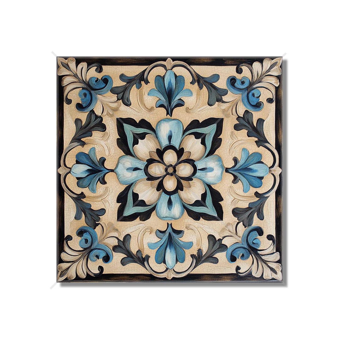 Blue Beige Floral Ceramic Tile - Vintage French Floral Design Tile ...
