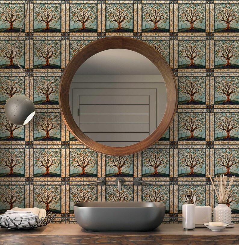 Ceramic Tile Stained Glass Tree Design - Kitchen Backsplash Accent ...