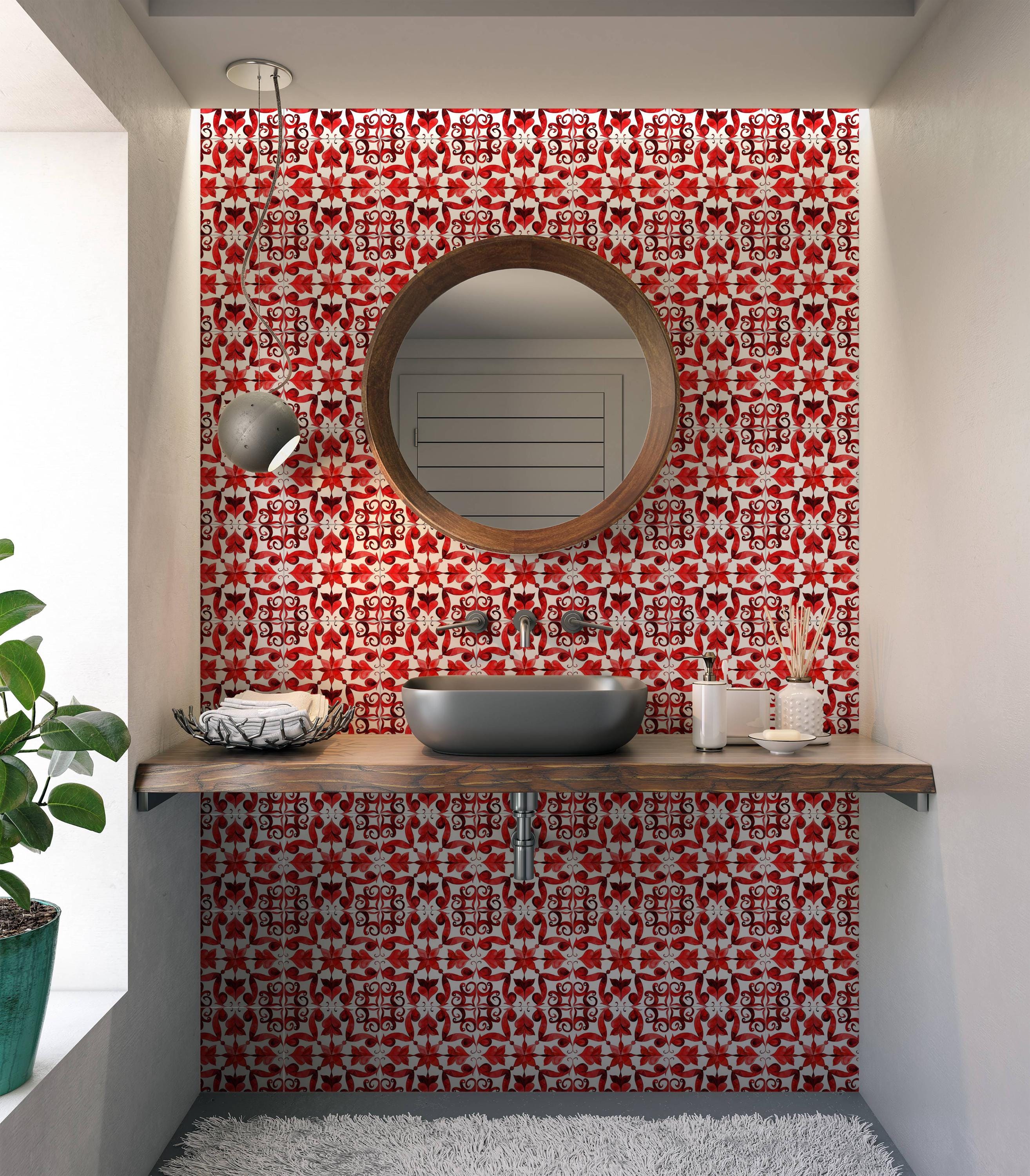 Red White Patterned Ceramic Tile - Unique Red Kitchen Backsplash Tile ...