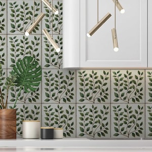 Green Leaves Botanical Ceramic Tile Patterned Kitchen Backsplash Tile ...