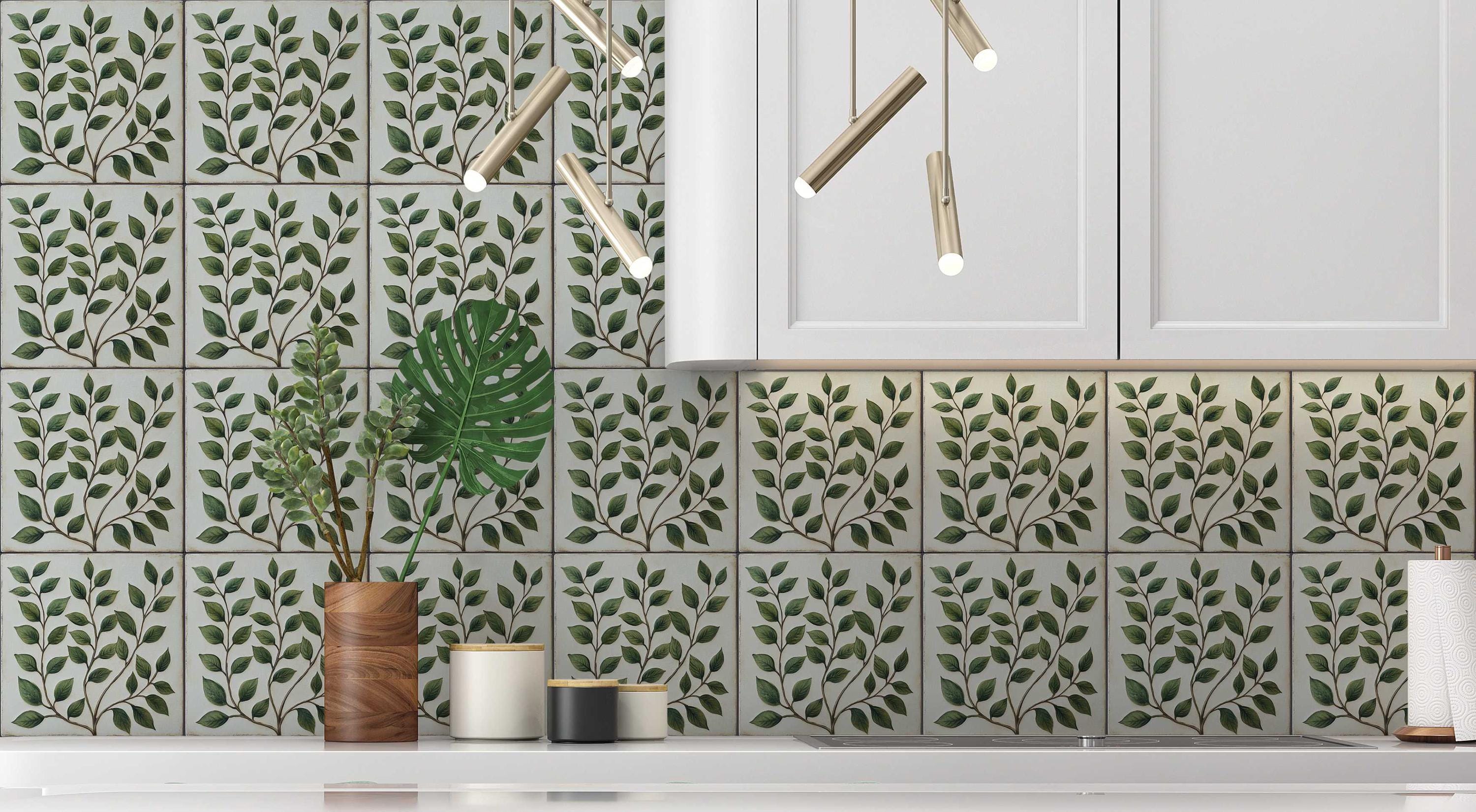 Green Leaves Botanical Ceramic Tile Patterned Kitchen Backsplash Tile ...