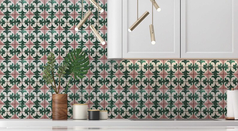 Pink and Green Patterned Ceramic Tile - Vintage Moroccan Tile Design ...