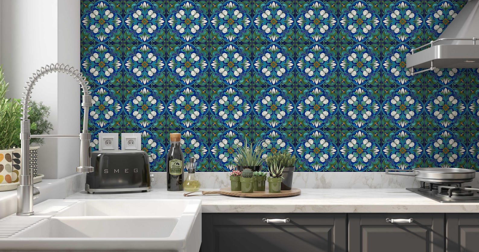 Blue and Green Ceramic Tile - Vintage Floral Design Tile - Kitchen ...