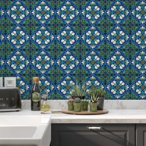 Blue and Green Ceramic Tile - Vintage Floral Design Tile - Kitchen ...