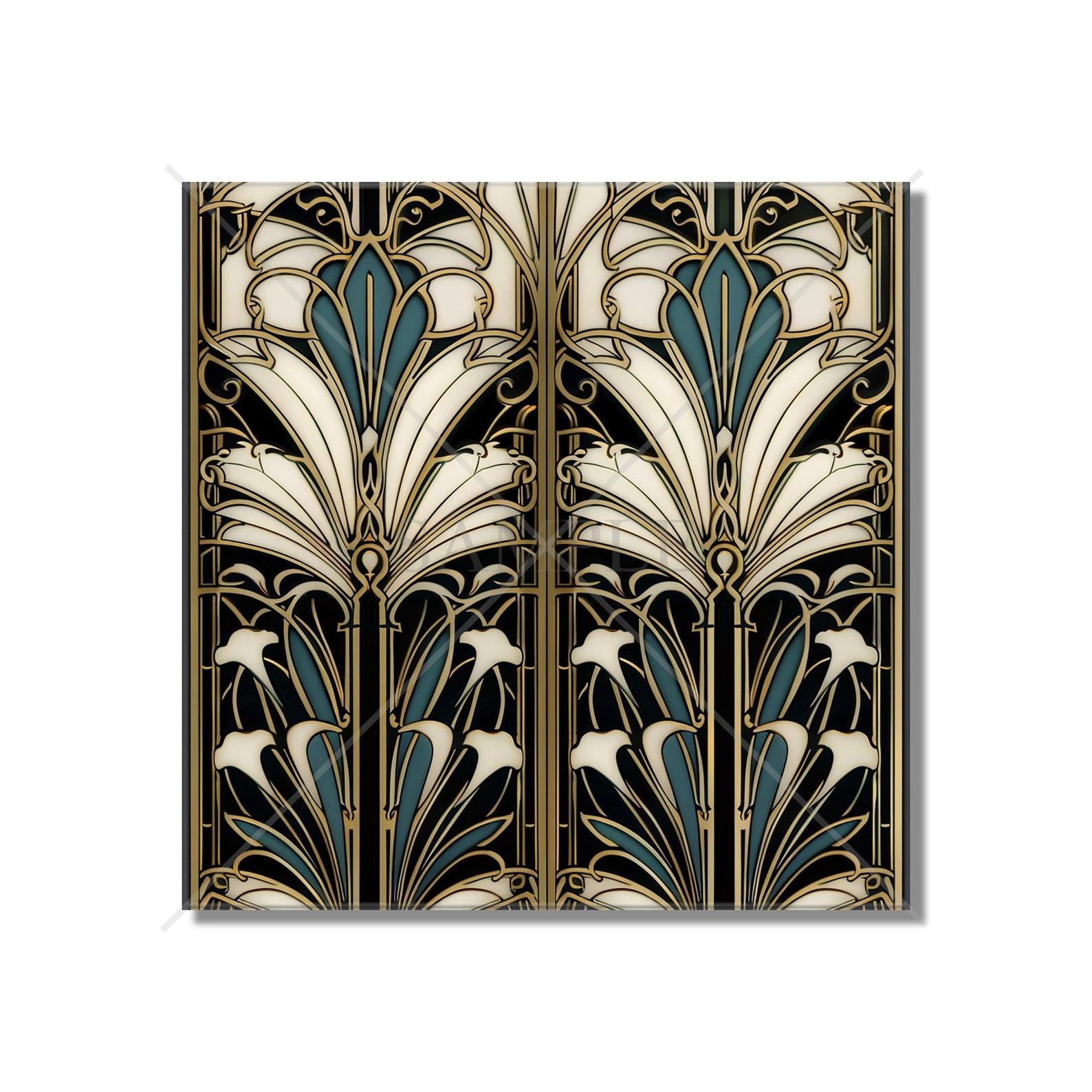 Vintage Art Deco Design Ceramic Tile Dark Teal and Gold Tones Art Deco ...