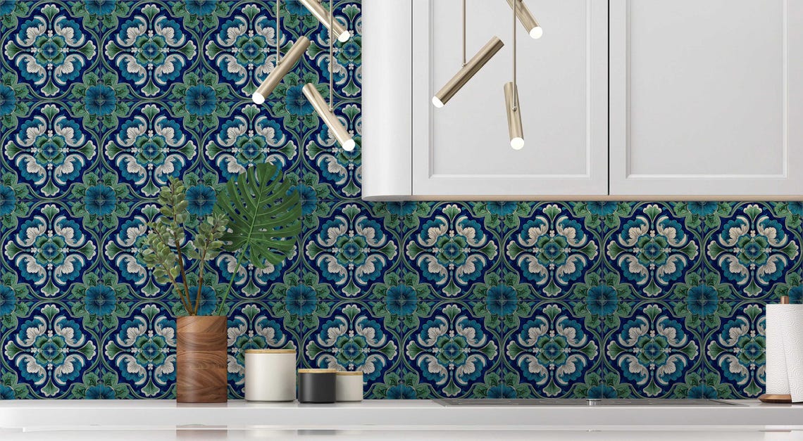 Blue and Green Ceramic Tile - Vintage Floral Design Tile - Kitchen ...