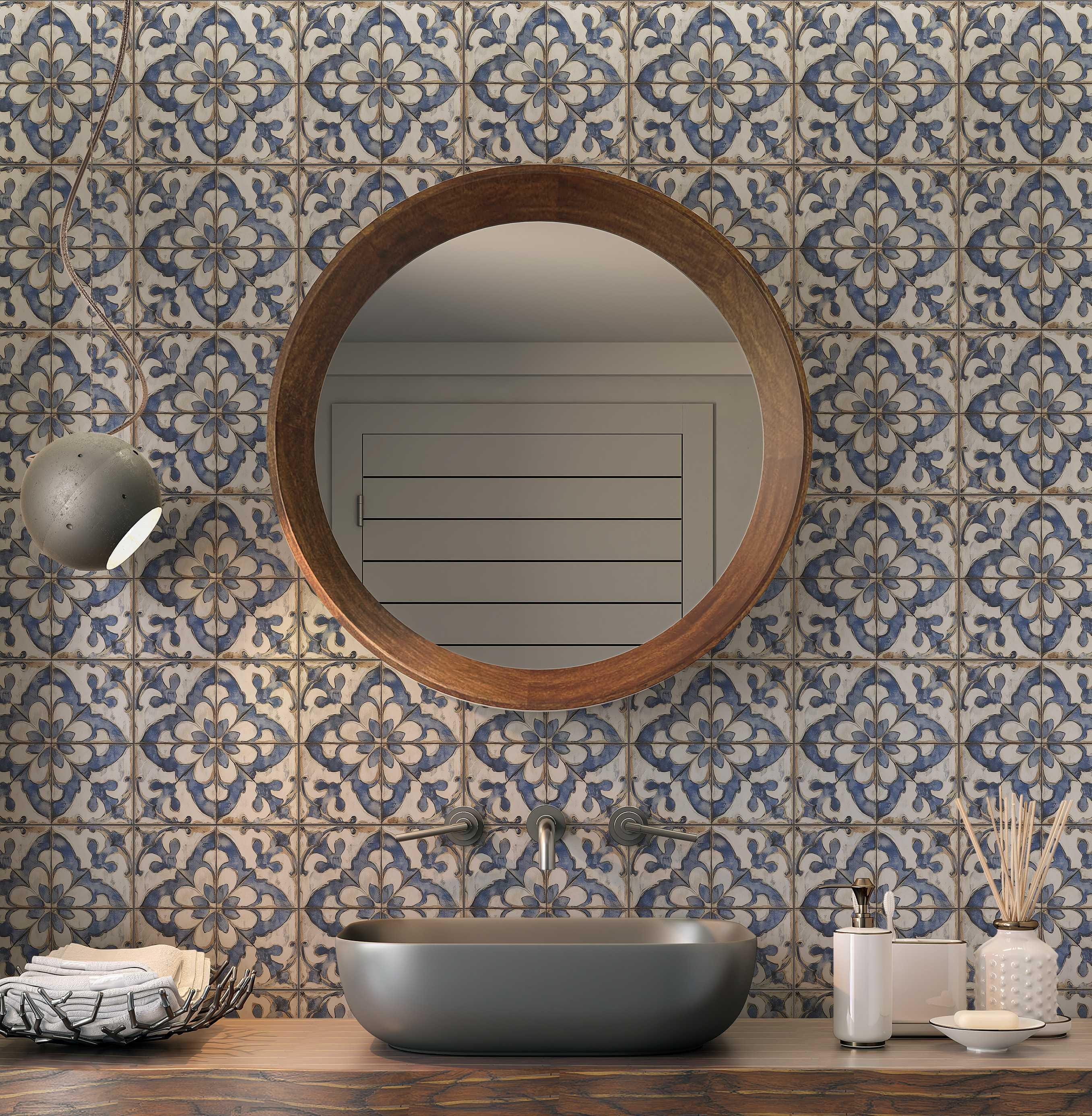 Ceramic Tile Blue Gray Patterned Vintage Design Kitchen Backsplash ...
