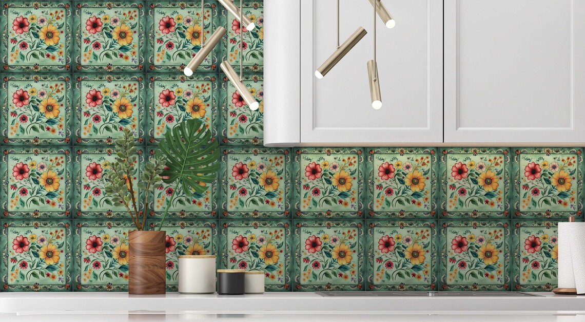Folk Art Floral Design Ceramic Tile Multi Colored Kitchen Tile ...