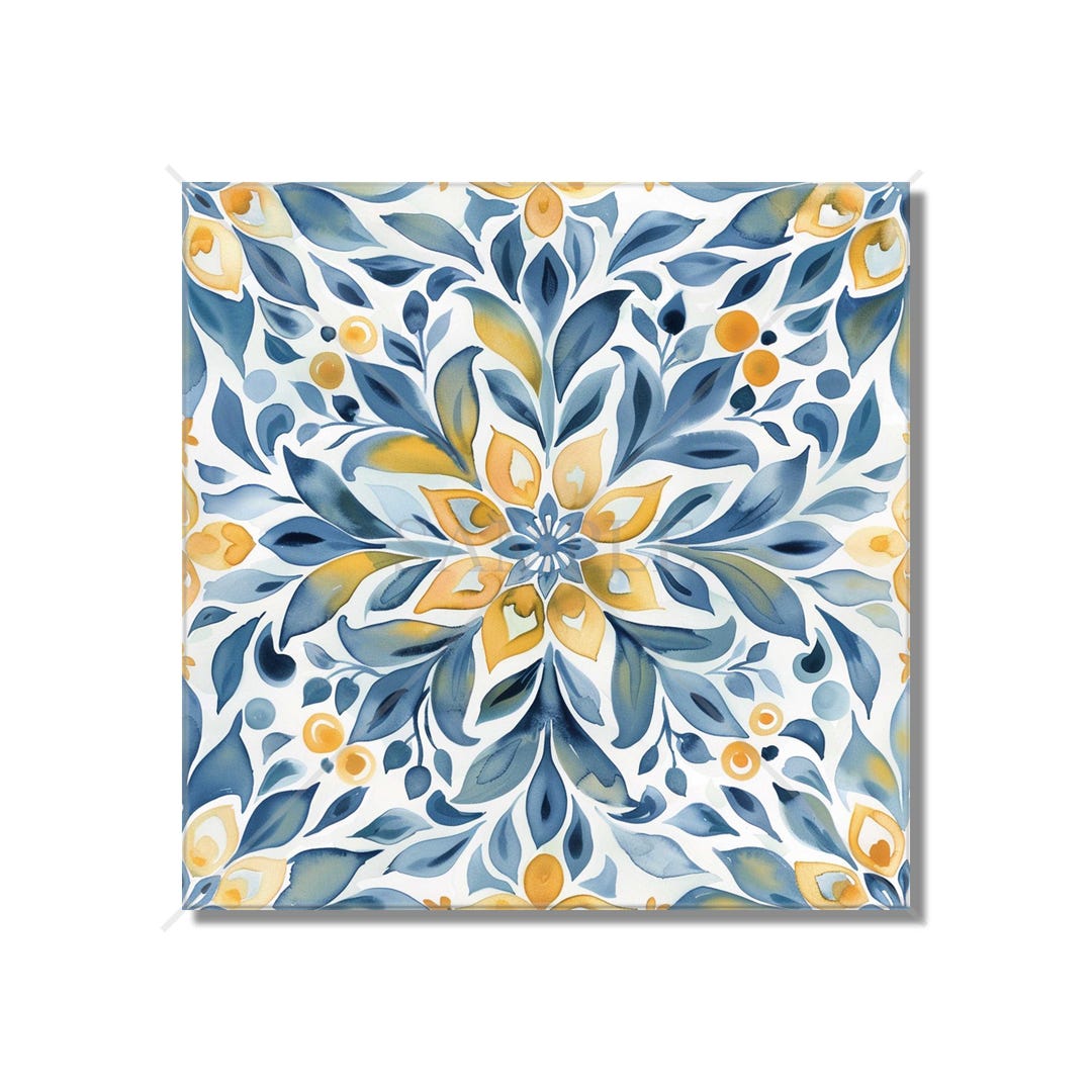 Blue and Yellow Patterned Ceramic Tile Kitchen Backsplash Tile Floral ...