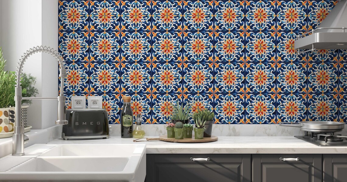 Blue and Orange Ceramic Tile - Vintage Moroccan Tile Design - Blue ...