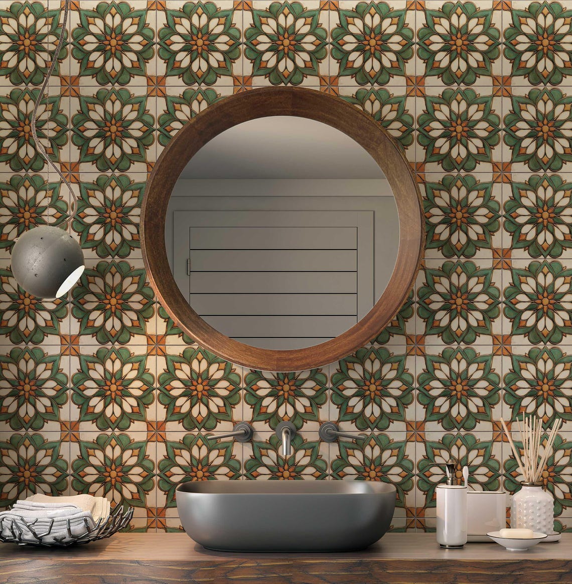 Green Copper Ceramic Tile - Vintage Design Patterned Tile - Unique ...