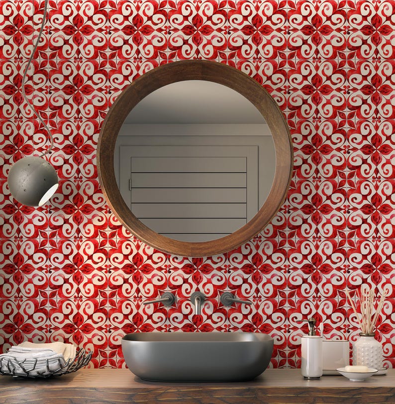 Red Patterned Ceramic Tile - Red Kitchen Backsplash Tile - Vintage ...