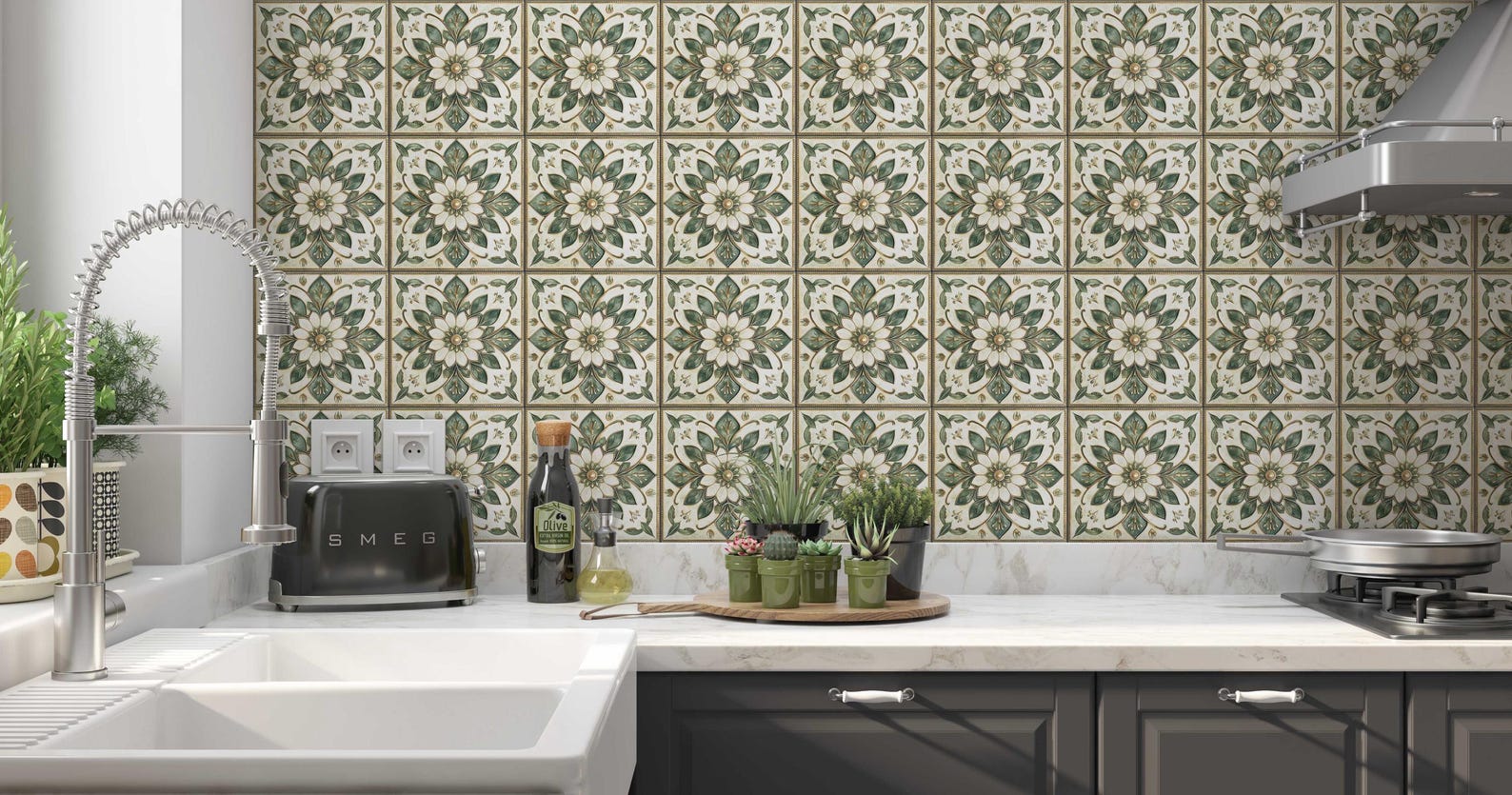 Green Ceramic Tile Vintage Design Tile - Unique Green Kitchen ...