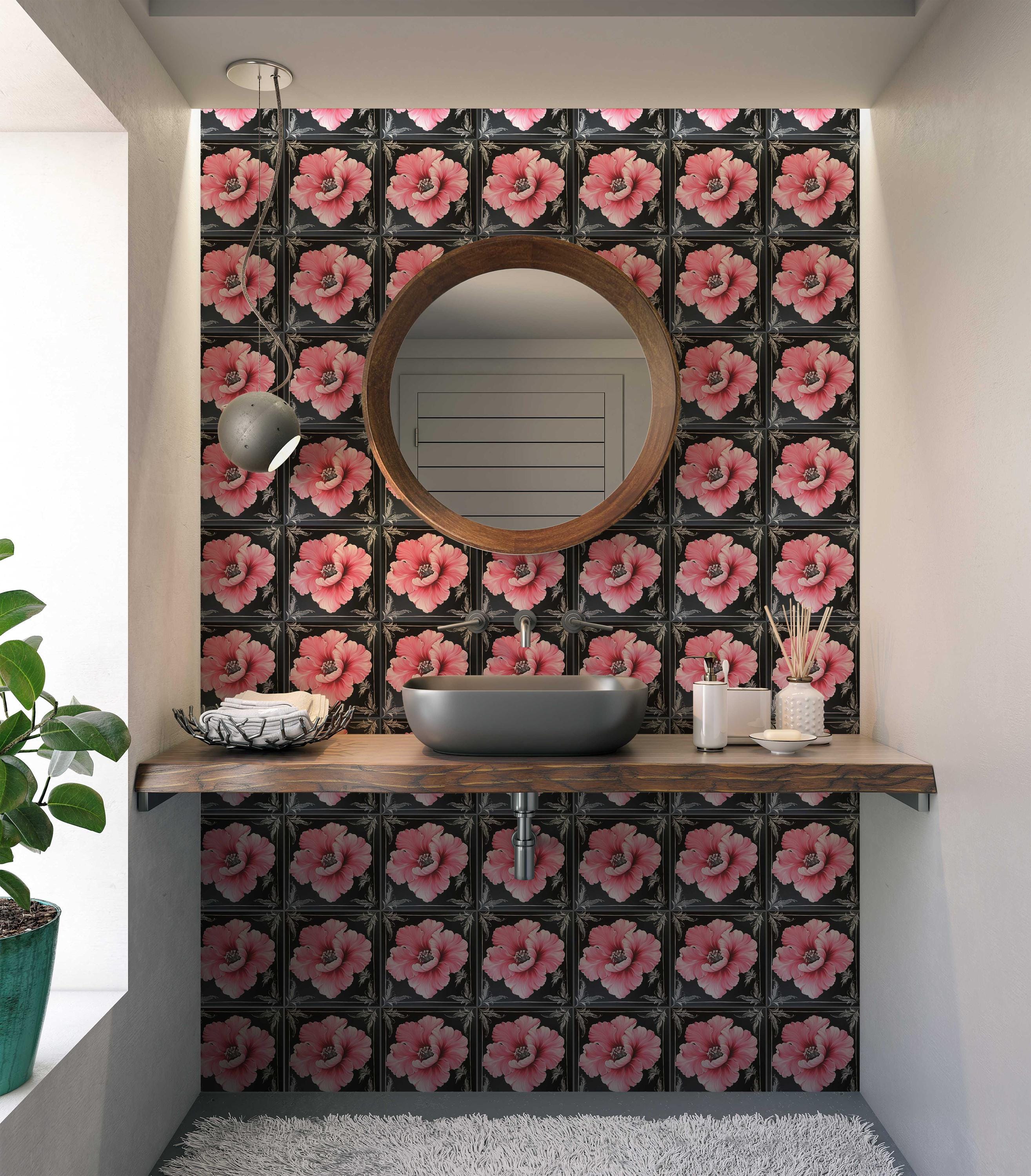 Ceramic Flower Accent Tiles Pink Floral Kitchen Backsplash Tile ...