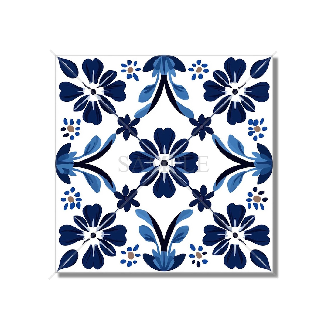 Blue and White Floral Patterned Kitchen Backsplash Tile - Patterned ...
