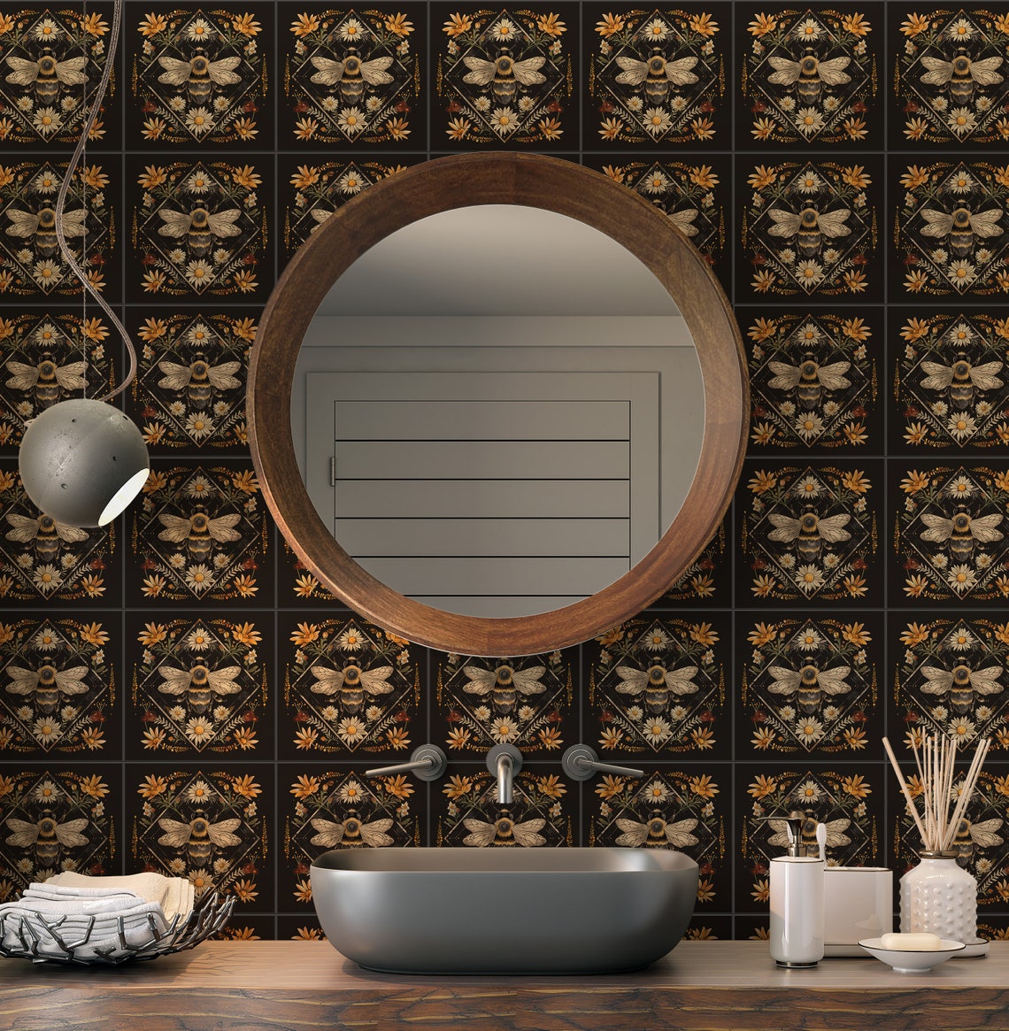 Moody Botanical Bee Design Ceramic Tile - Kitchen Backsplash Tile ...