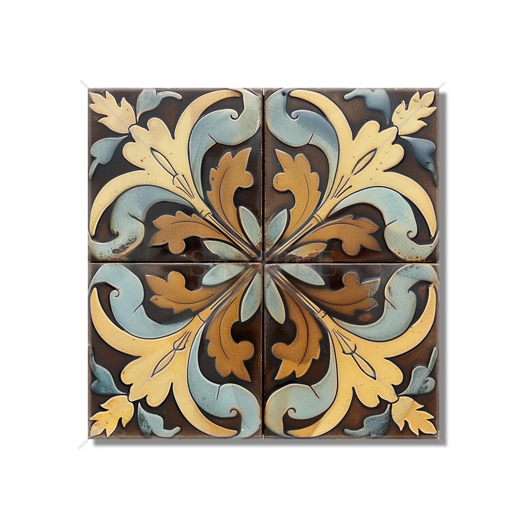 Ceramic Tile Kitchen Backsplash Tile - Blue Gold Patterned Medallion ...