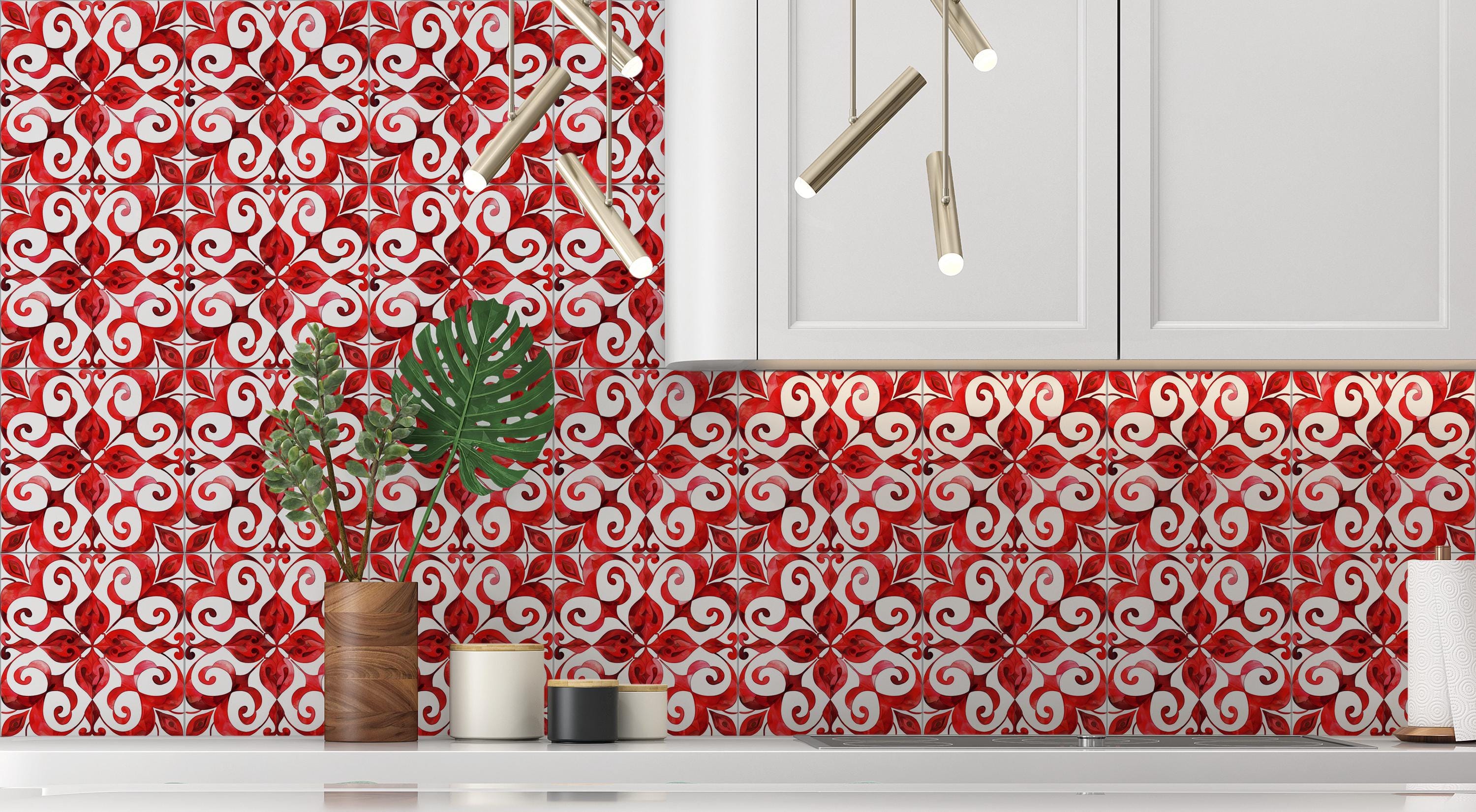 Red Patterned Ceramic Tile - Red Kitchen Backsplash Tile - Vintage ...