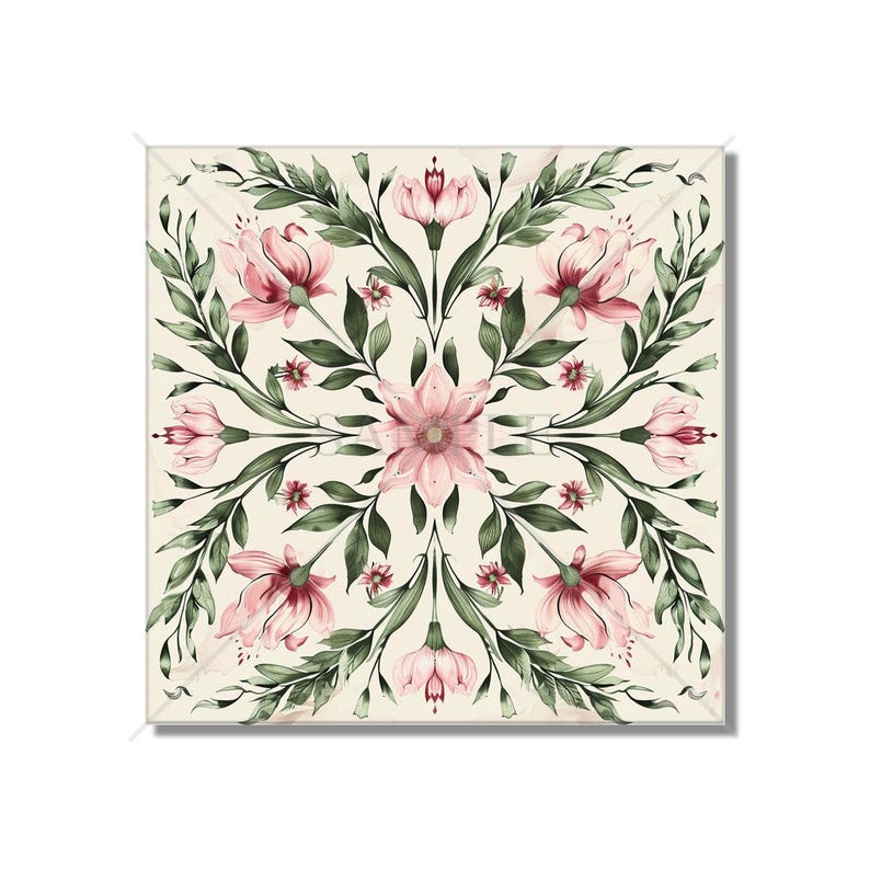 Pink and Green Floral Ceramic Tile - Cottage Kitchen Backsplash Tile ...