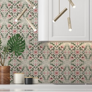 Pink and Green Floral Ceramic Tile - Cottage Kitchen Backsplash Tile ...