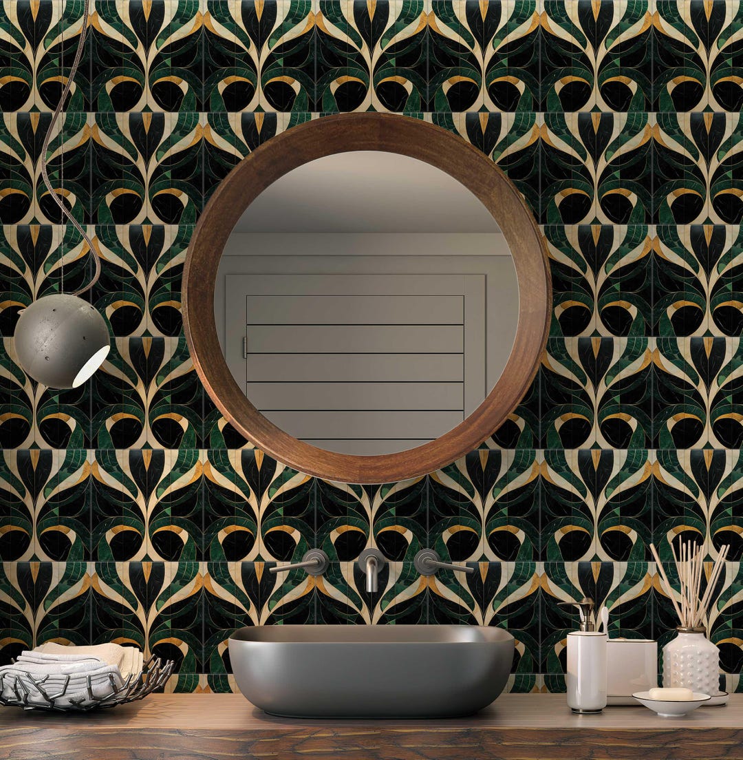 Vintage Art Deco Design Ceramic Tile Black Green Gold Tones Art Deco ...