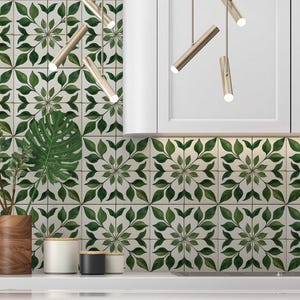Green Leaves Botanical Ceramic Tile Patterned Kitchen Backsplash Tile ...