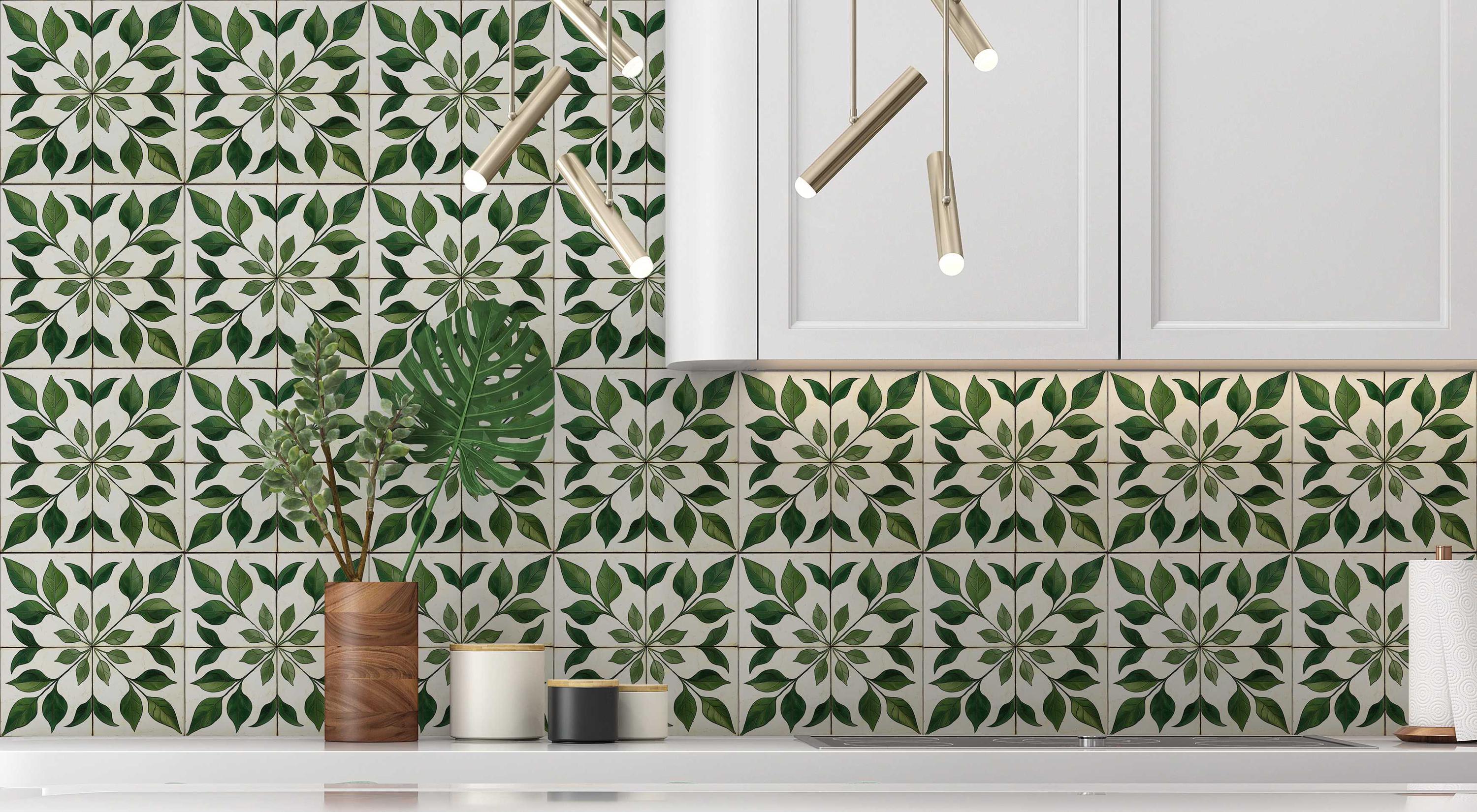 Green Leaves Botanical Ceramic Tile Patterned Kitchen Backsplash Tile ...