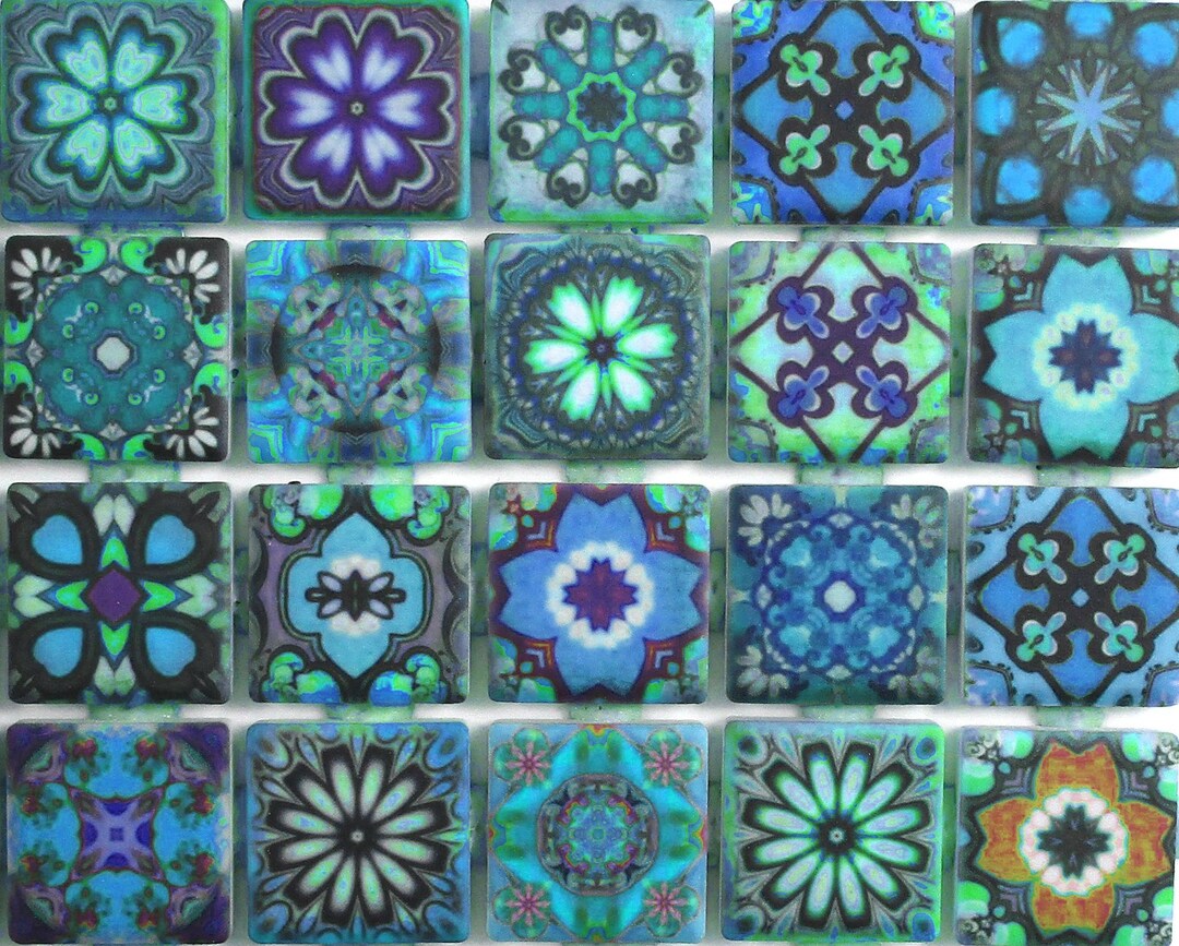 Blue Green Ceramic Mosaic Tiles - Boho Medallions Mixed Colors ...