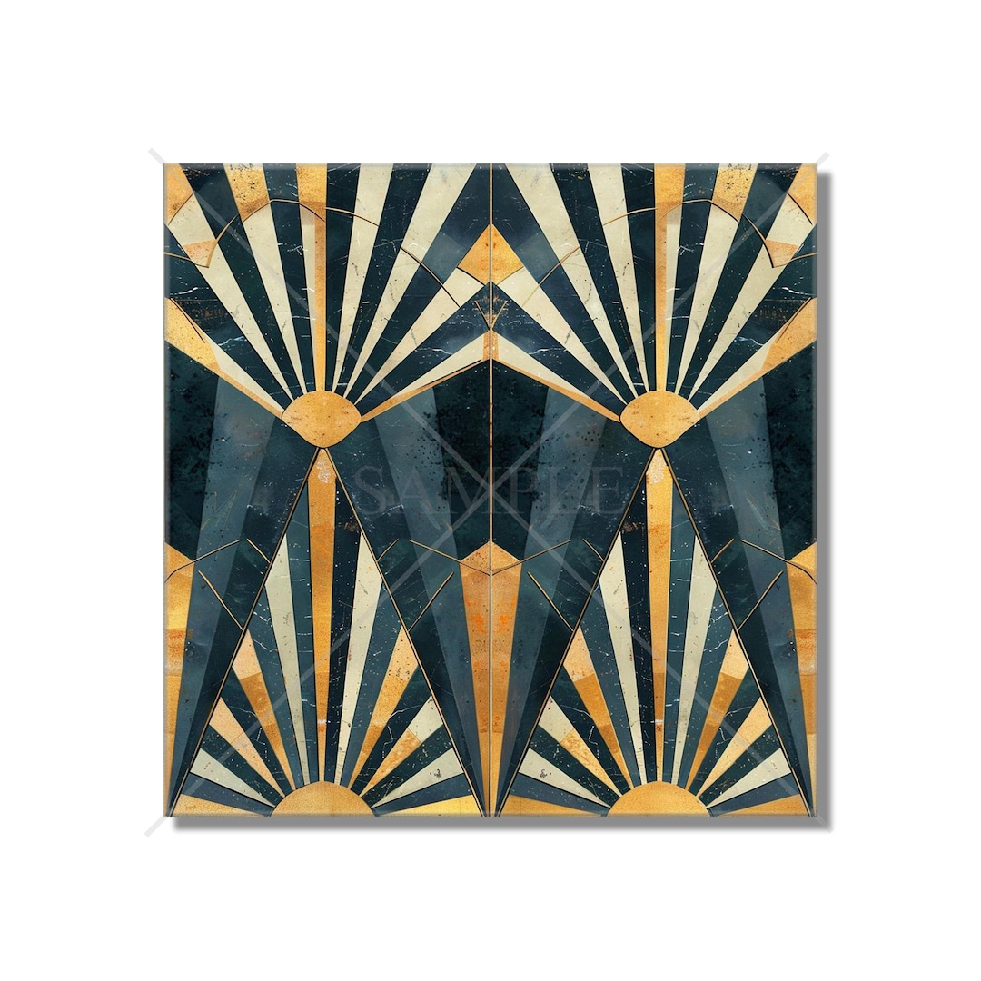 Vintage Art Deco Design Ceramic Tile Dark Blue Black and Gold Tones Art ...