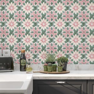 Pink and Green Vintage Design Ceramic Tile - Kitchen Backsplash Tile ...