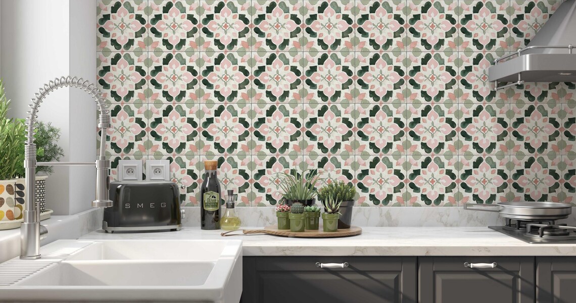 Pink and Green Vintage Design Ceramic Tile - Kitchen Backsplash Tile ...