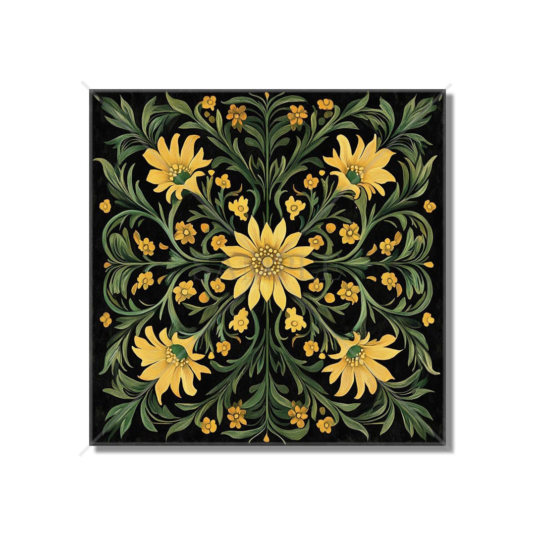 Yellow and Green Floral Ceramic Tile - Vintage French Floral Design ...